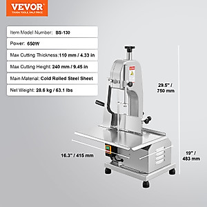 VEVOR Commercial Electric Meat Bandsaw, 650W Stainless Steel Countertop Bone Sawing Machine, Workbeach 12.4" x 18.1", 4.33 Inch Max Cutting Thickness, Frozen Meat Cutter for Rib Pork Beef