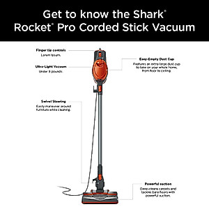 Shark HV302 Rocket Pet Corded Stick Vacuum, Lightweight with Swivel Steering for Carpets & Hard Floors, Converts to Hand Vacuum, Includes Crevice Tool, Pet Multi-Tool & Precision Duster, Orange