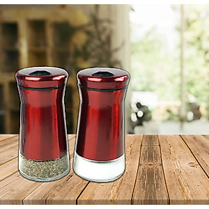 Pepper & Salt Shakers Stainless Steel Cover Glass Bottom With Rotating Adjustable Cover - Spice Sugar Shakers (Metallic Red)
