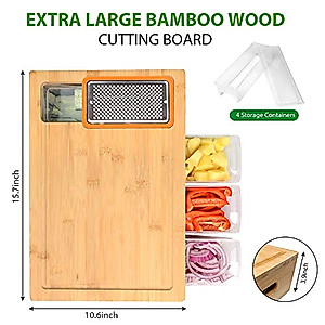 COMELLOW Bamboo Cutting Board with Containers, Lids, and Graters, Large Wood Chopping Board with Containers, Food Dropping Zone, Carving Board with Easy-grip Handle, Juice Groove