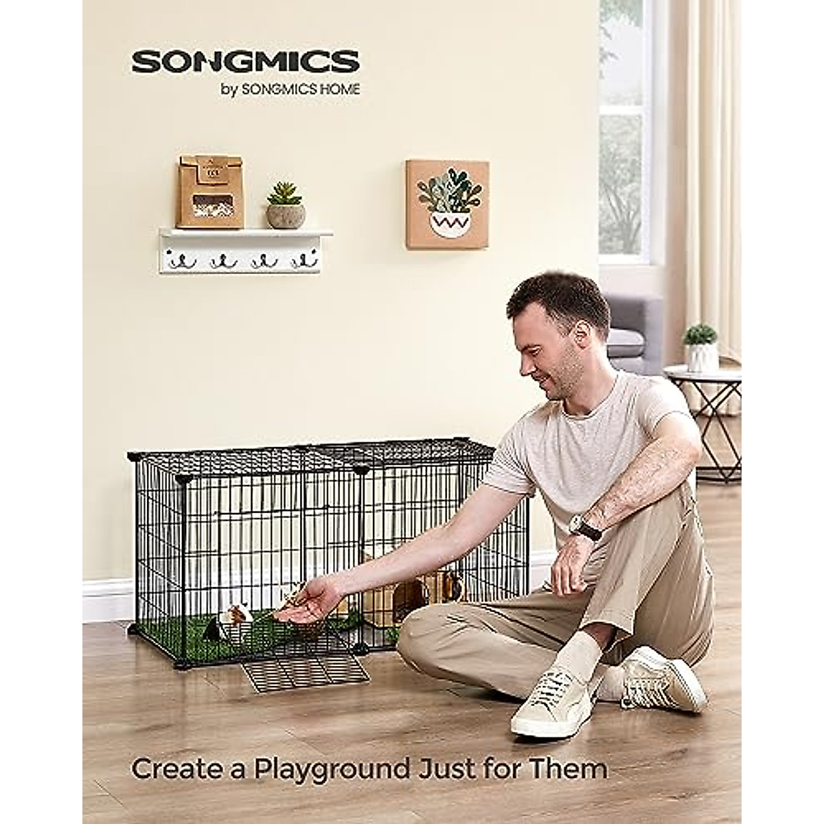 SONGMICS Small Animal Playpen, Pet Cage with Top and Base, 2 Doors, Easy to Clean, Metal Wire Guinea Pig Pen for Hamsters, Hedgehogs, L, 32.5 x 16 x 16 Inches, Black ULPI009B01