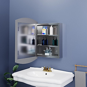 Renovators Supply Manufacturing Stainless Wall Mounted Medicine Cabinet with Mirror 24 in H x 16 in W Hanging Cabinet Storage Triple Shelf for Medicines or Bathroom Accessories with Mounting Hardware