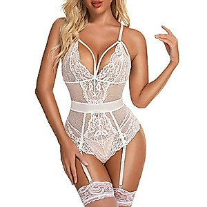 Donnalla Women Lingerie Set with Garter Belt Sexy Lace Bodysuit Fishnet One Piece Teddy (No Stockings)(White Small)