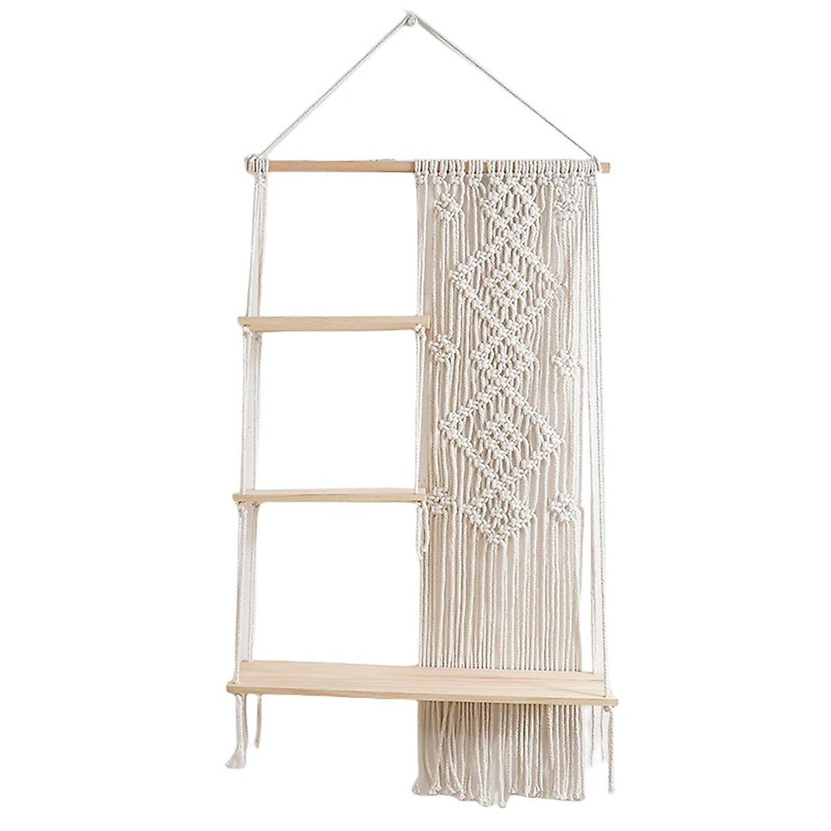 MIATTCLD Macrame Wall Hanging Shelf Boho Wood Floating Storage Shelf, 3 Tier Display Shelving for Hanging Plants Photos, Rustic Wall Decor with Tassel and Woven Rope for Home Bedroom Living Room