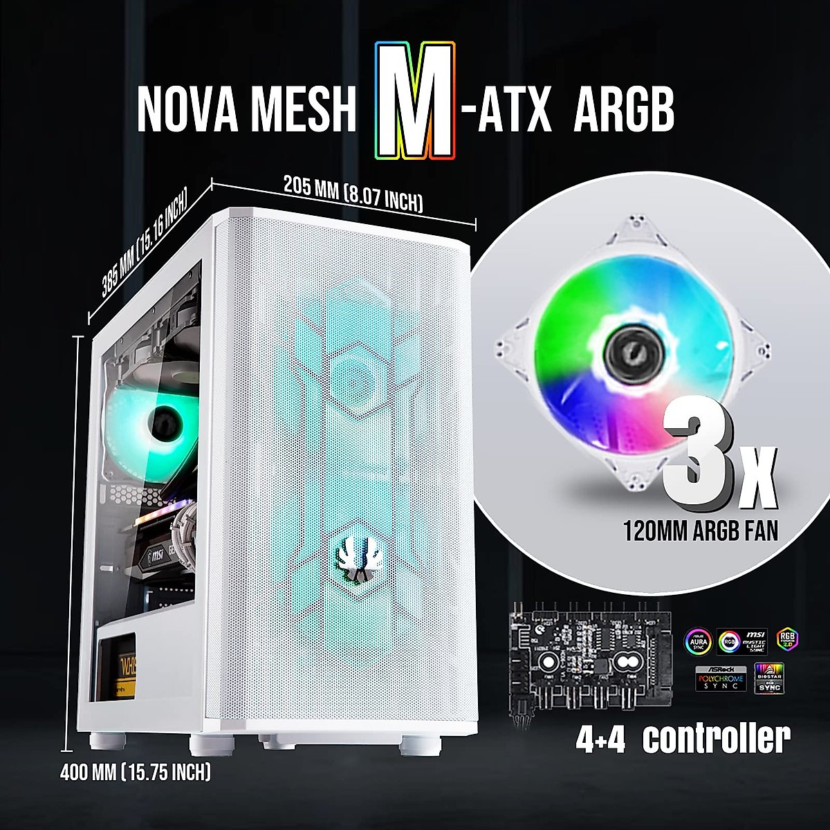 BitFenix Nova Mesh mATX (Micro ATX, Mini ITX) High Airflow PC Gaming Case ARGB Edition White, 3 x ARGB Fans Pre-Installed, 240mm AIO Support at Top, GPU Length Support Up to 345mm (Micro ATX, White)