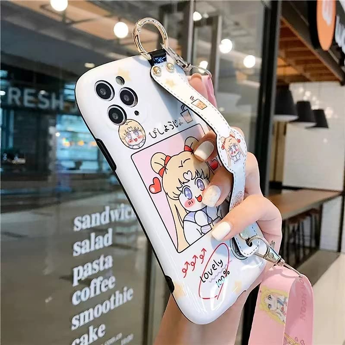通用 Cute iPhone 12 Pro Max Shockproof Protective Case with Wristband Strap Kickstand Light Soft Silicone Shockproof Protective Cases Cover (White Sailor Moon Wristband+ Lanyard)