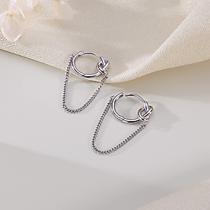 SLUYNZ 925 Sterling Silver Punk Chain Small Hoop Earrings for Women Men Teens Minimalist Hoop Earrings Tassel (A-Silver)