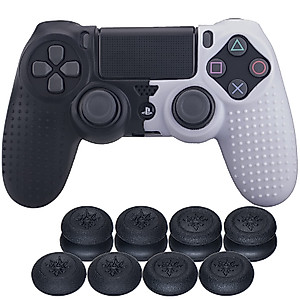 YoRHa Studded Dots Silicone Rubber Gel Customizing Cover for Sony PS4/slim/Pro Dualshock 4 Controller x 1(Black&White) with Pro Thumb Grips x 8