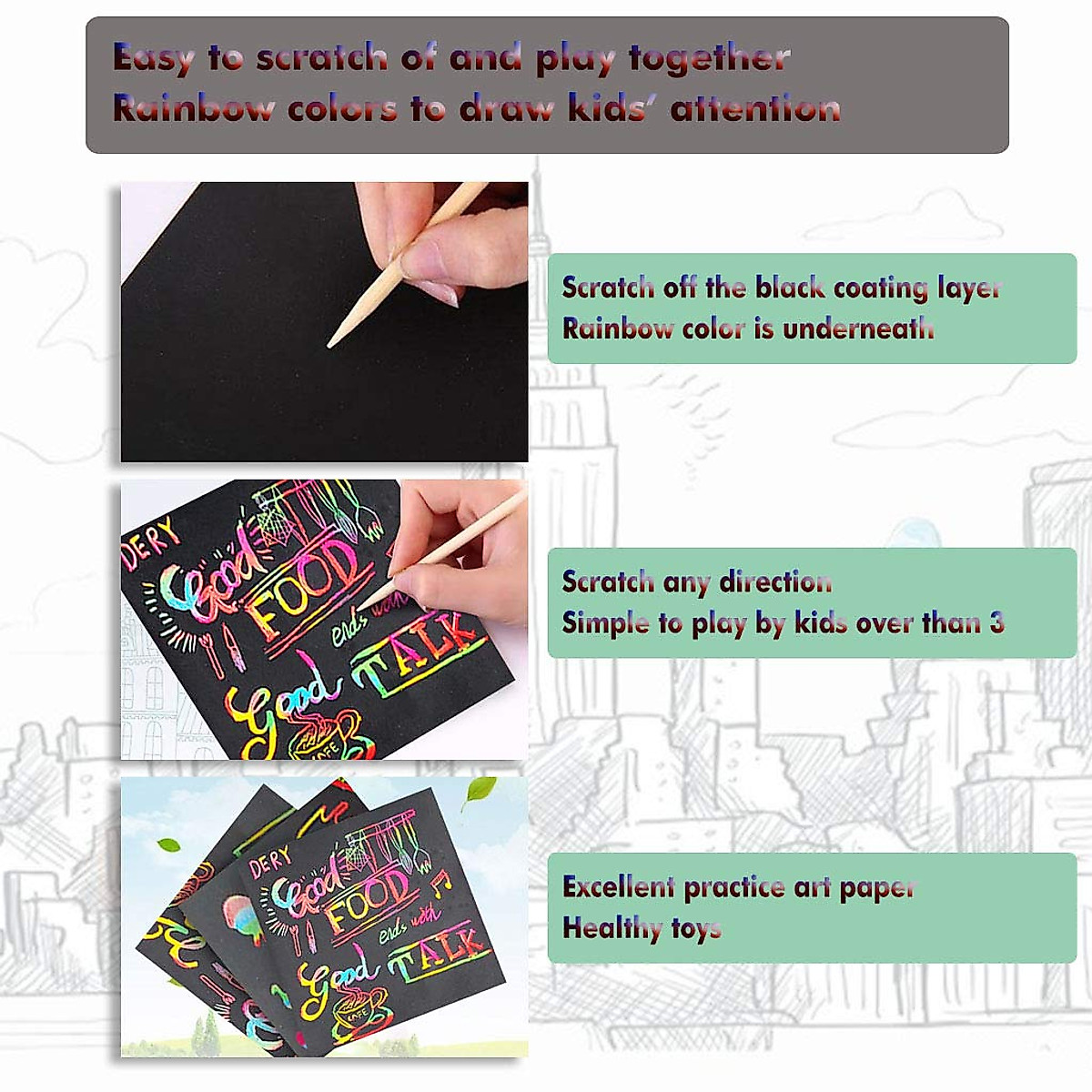 BESTING Rainbow Scratch Mini Art Notes 300 Sheets Scratch Off Paper Cards with 6 Wooden Stylus for Kids Arts Craft Kits for Girls Boys Games Party Favors Birthday Halloween (SP300)