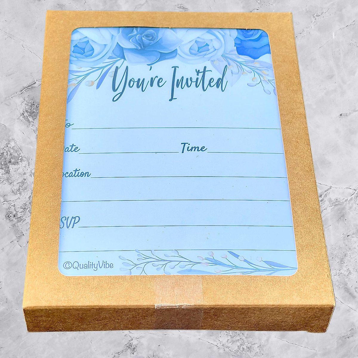 25 Gray & Blue Flower Invitations With Envelopes, Fill In Style You're Invited, Elegant Gray, Birthdays, Baby & Bridal Showers. Thick & Non Coated Cardstock For Use With Any Pen.