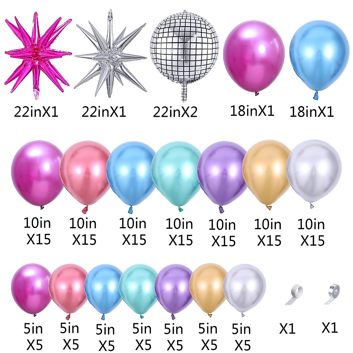 Chrome Balloon Arch Garland Kit for Disco Party Decorations,148Pcs Metallic Hot Pink Red Blue Gold Silver Disco Ball Balloons for 80s 90s Birthday Galaxy Graduation Prom New Year Party Decor