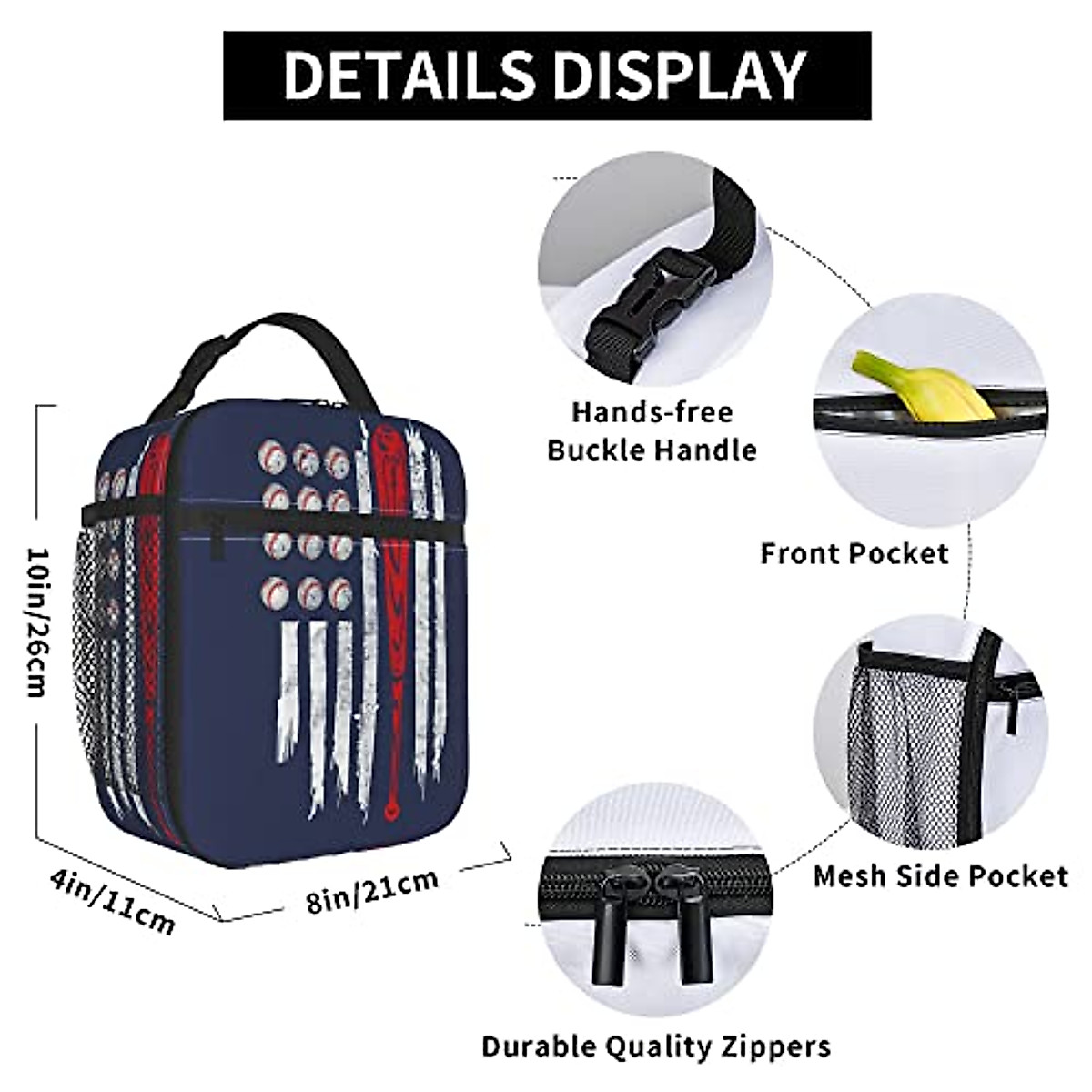 Baseball American Flag Insulated Lunch Bag Lunch Box Lunch Tote Cooler Reusable Lunch Pail Outdoors Meal Bag For Women Men