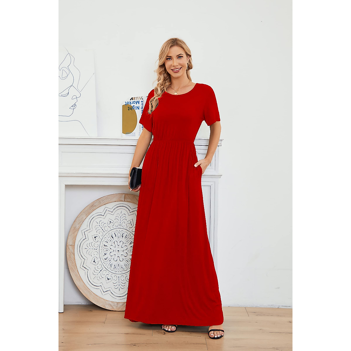 AUOMITH Women’s Short Sleeve Loose Plain Red Maxi Dress Crew Neck Casual Swing Cocktail Empire Waist Long Ball Dress with Pockets(Red, XL)