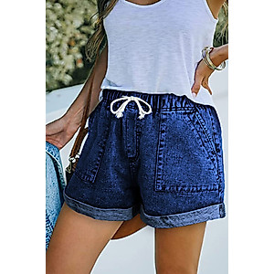 NEYOUQE Women Plus Size Curvy Outfit Dark Blue Jean Shorts with Pockets Womens high Waisted Elastic Waist Workout Biker Athletic Running for Women Casual Summer Ripped Denim Shorts Lounge Cotton XL