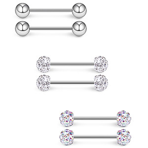 Ruifan 16G 9/16Inch AB Colorful & Clear Crystal Ball Nipple Tongue Shield Ring & Stainless Steel Straight Barbell Body Piercing Jewelry Retainer 6PCS