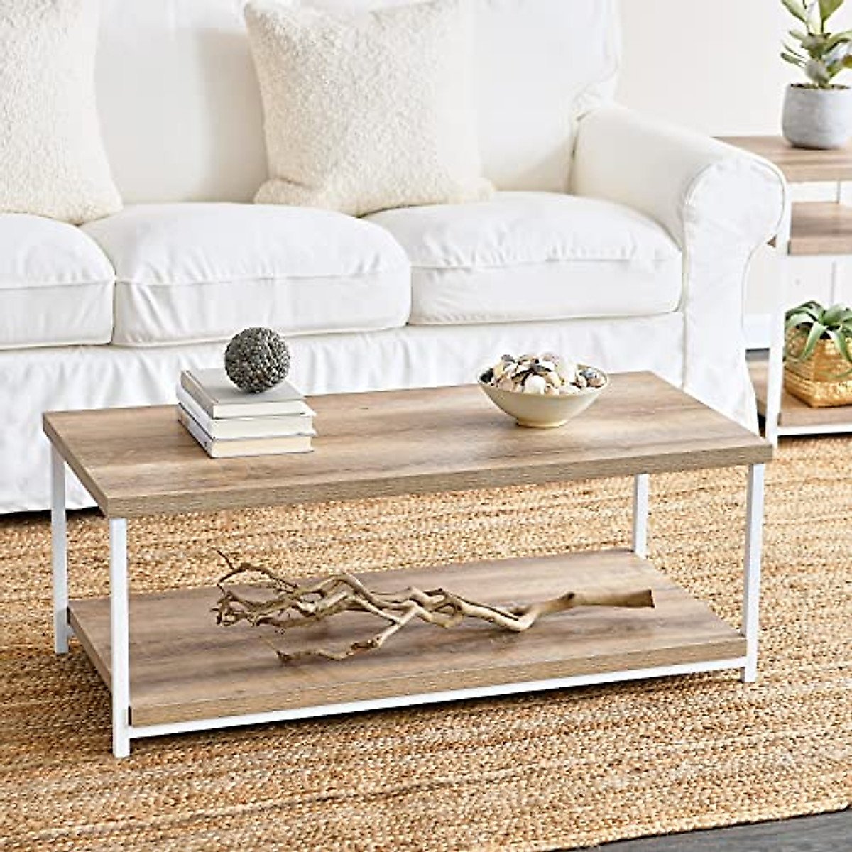 Household Essentials Jamestown Rectangular Coffee Table with Storage Shelf Coastal Oak Rustic Wood Grain and White Metal