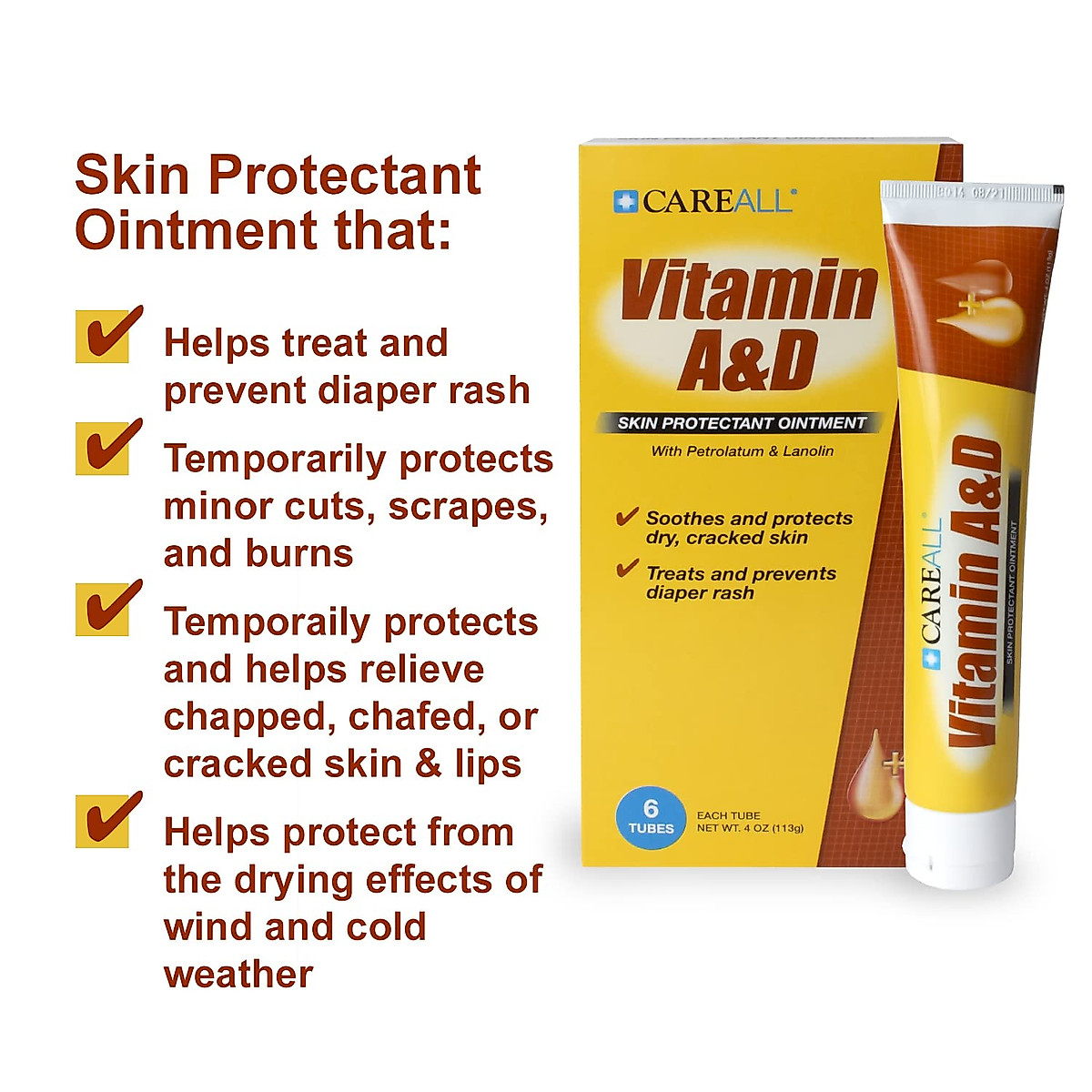 (6 Tubes) CareALL 4oz Vitamin A&D Ointment with Lanolin Diaper Rash and Skin Protectant