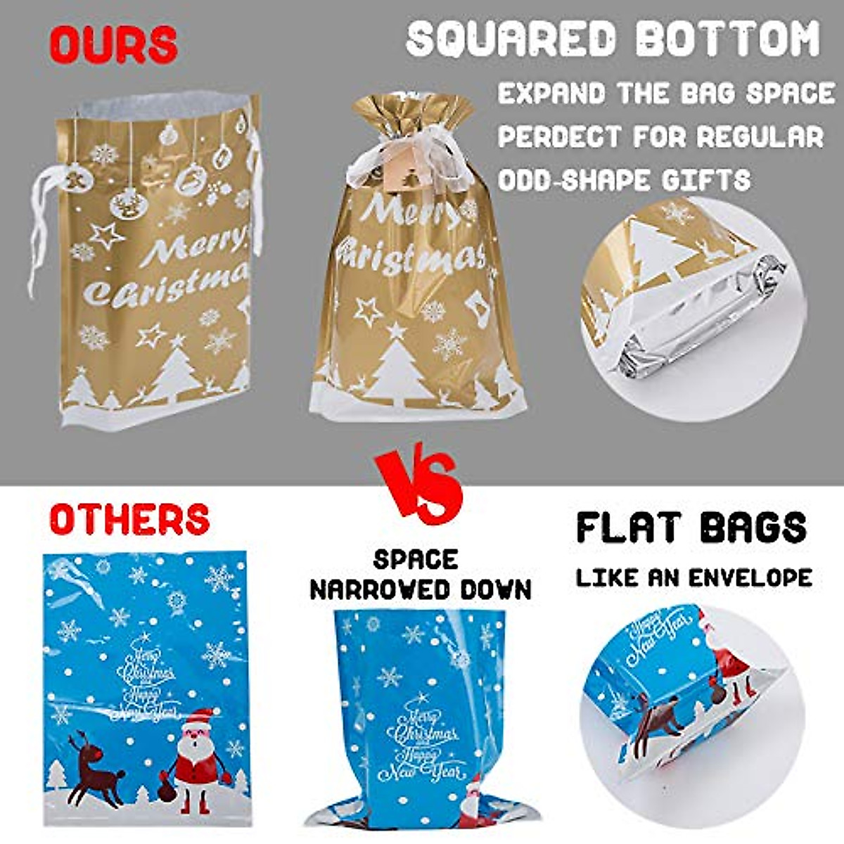 40pcs Drawstrings Christmas Gift Bags Assorted Sizes, Holiday Gift Bag Bulk Christmas Bags For Gifts Wrapping, Reusable Plastic Xmas Presents Party Favor Goody Bags Jumbo/Extra Large/Medium/Small