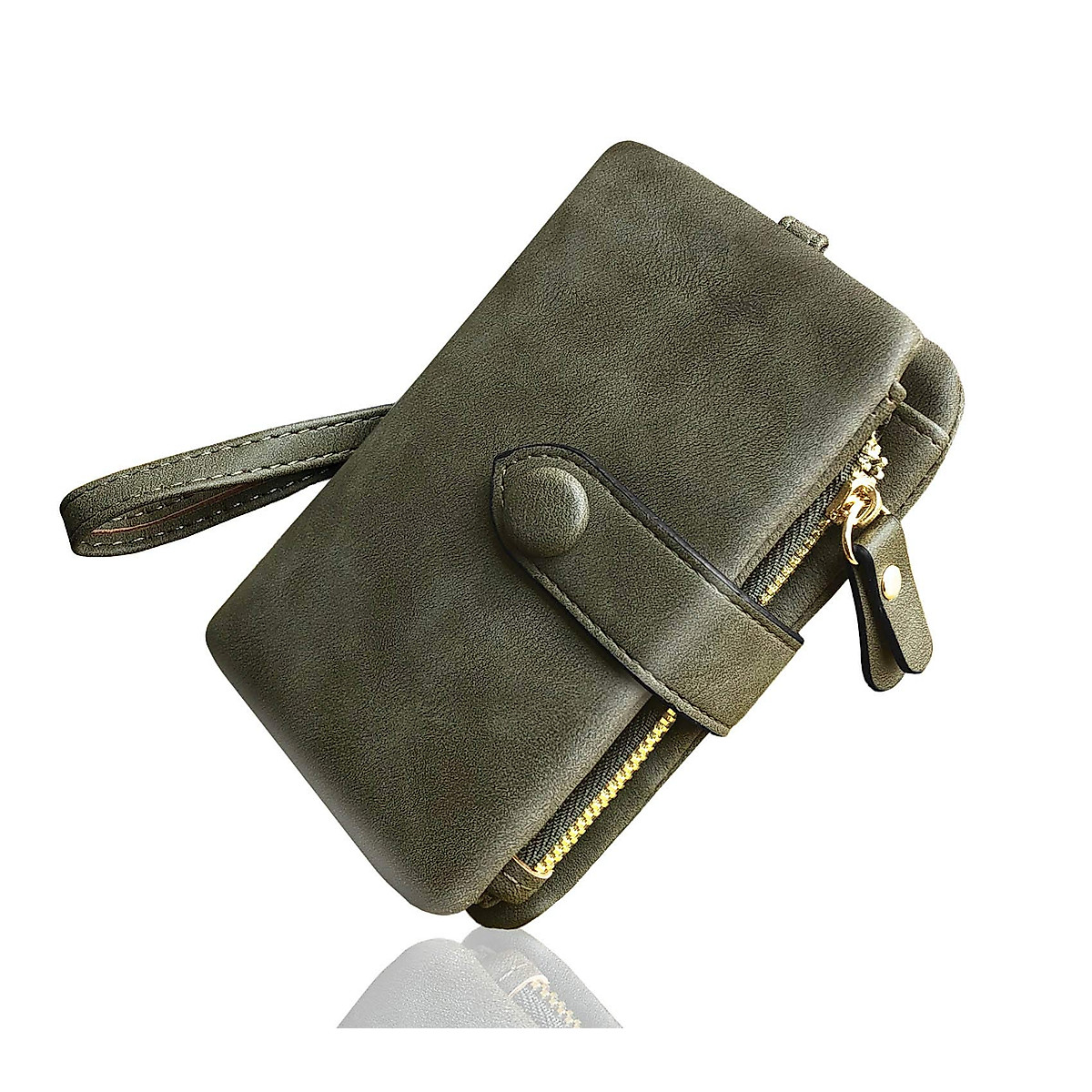 Ladies Wallet RFID Blocking Women Leather Wristlet, Army Green, Size Medium