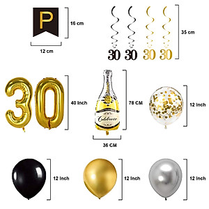 BRT Bearingshui Black and Gold 30th Birthday Party Decorations for Him Her, Happy Birthday Banner, Number 30 Foil Balloon, Black and Gold Birthday Decorations Supplies
