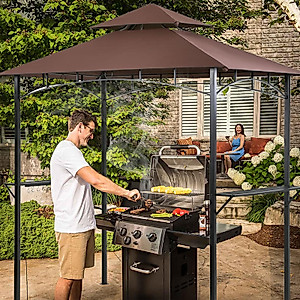 8'×5' Grill Gazebo, Outdoor BBQ Gazebo with Double Tier Canopy Roof, Barbeque Gazebo with 2 Shelves