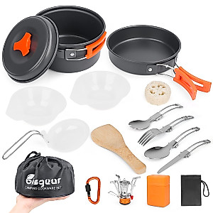 Bisgear 16pcs Camping Cookware Backpacking Stove Mess Kit – Camping Cooking Set - Camping Pots and Pans Set - Camping Accessories Equipment - Backpacking Supplies Survival Gear