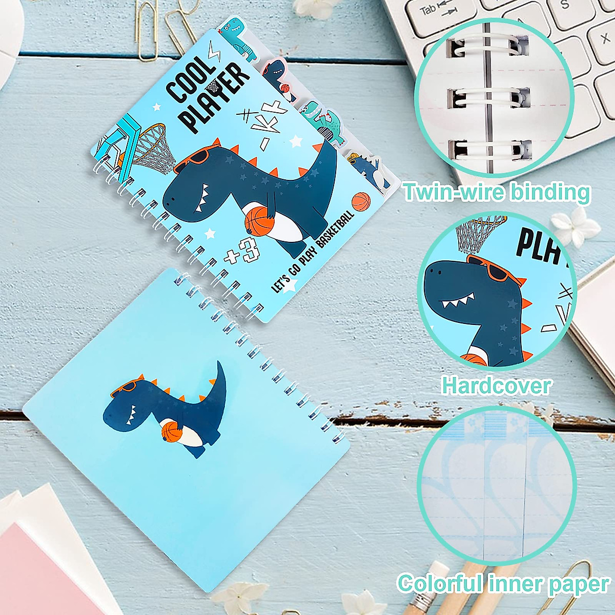 Rhuyoshn Dino Notebooks for Kids - Small Cartoon Spiral Notepads - 4 Pack Cute Dianosaur Writing Journal Diary Note Pads, Lined Paper, for Boys Students