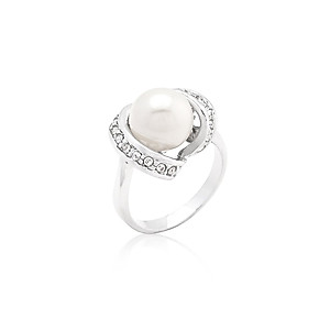 Kate Bissett Rhodium Plated Pearl Ring with Round Cut Clear CZ Surrounding a Large Pearl Center stone Size 6