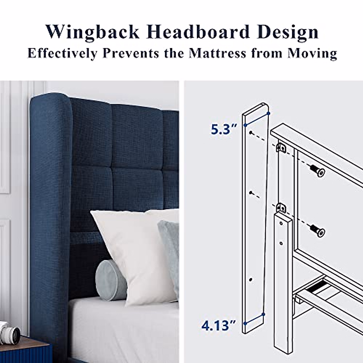 Allewie Queen Size Platform Bed Frame with Wingback/Fabric Upholstered Square Stitched Headboard and Wooden Slats/Mattress Foundation/Box Spring Optional/Easy Assembly, Navy Blue