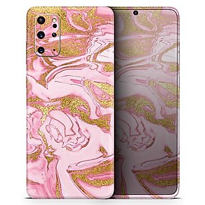 DesignSkinz Rose Pink Marble & Digital Gold Frosted Foil V17 Protective Vinyl Decal Wrap Skin Cover Compatible with The Samsung Galaxy S20 (Screen Trim & Back Glass Skin)