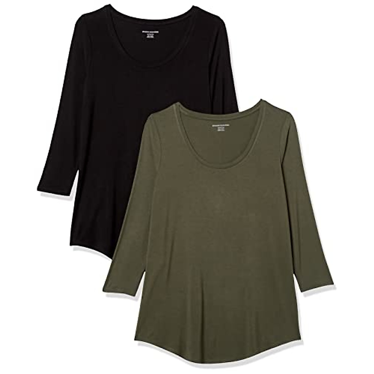 Amazon Essentials Women's 3/4 Sleeve Scoopneck Tunic, Pack of 2, Black/Olive, Large