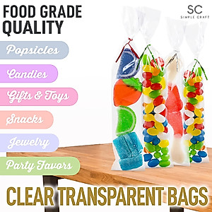 Simple Craft 200 Pack Candy Treat Cellophane bags - 8x10 Thick Plastic Candy Bags With Ties For Goodie Bags - Clear Cellophane Treat Bags For Candy, Cookies & Pastries (8''x10'')