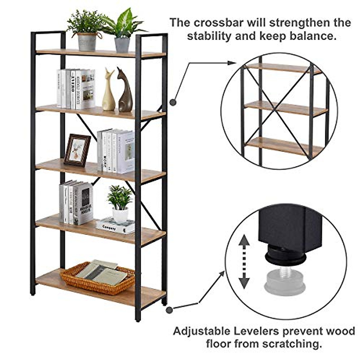 FATORRI Industrial L Shaped Computer Desk and 5 Tier Bookshelf for Home Office (Rustic Oak)