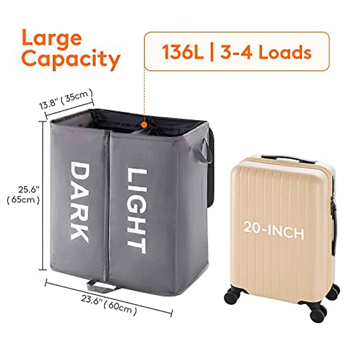 Lifewit 136L Double Laundry Hamper with Lid and Removable Laundry Bags, Large Divided Hamper, Collapsible 2 Section Laundry Basket with Handles for Bedroom, Bathroom, College Dorm, Laundry Room, Grey