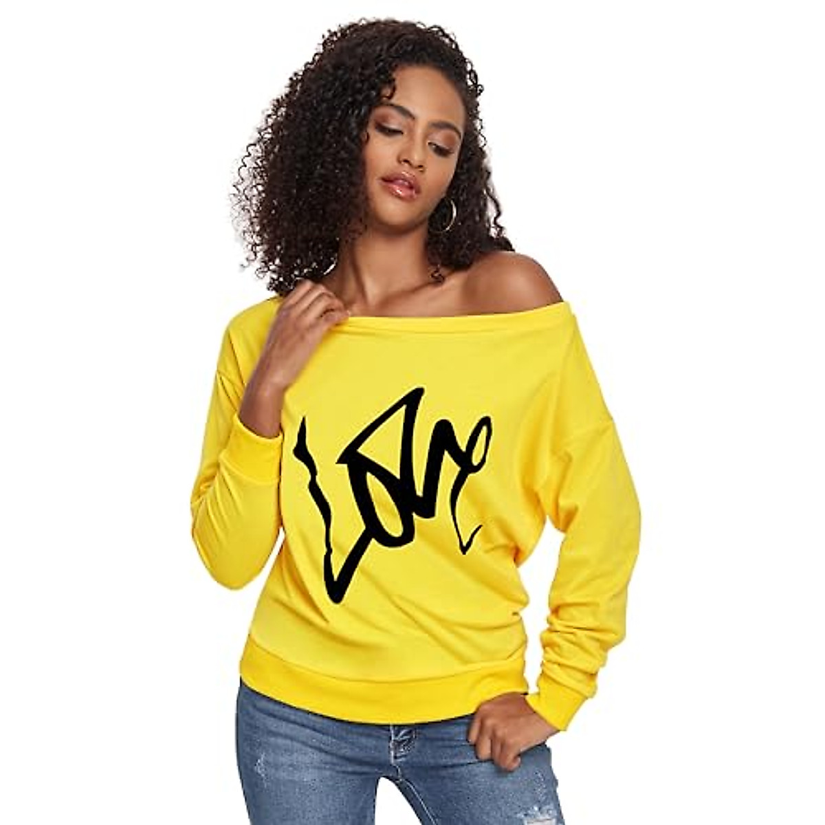 AM CLOTHES Sweatshirt for Women Off Shoulder Oversized Sweatshirts Long Sleeve Sweaters Shirts Tops 3X-Large 01-yellow