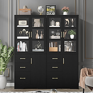 HIFIT 2 Pack Tall Bookshelves and Bookcases with Glass Display Cabinet Doors and 3 Drawers, Floor Standing Wood Storage Cabinet with Shelves, Modern Cabinet for Home Office, Living Room, Study, Black