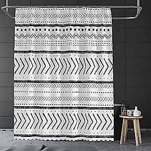 HYPREST Boho Shower Curtain, White Shower Curtain Sets with Bohemian Geometric Pattern, Washable Water Repellent Fabric Shower Curtain for Bathroom with 12 Hooks & Weighted Bottom Hem (72" x 72")