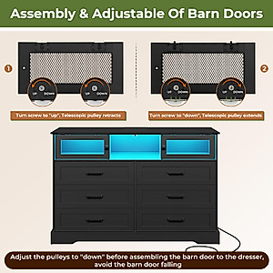 Hasuit 6 Drawers Dresser with LED Lights and Charging Station, Farmhouse Chest of Drawers Closet Organizer, Clothes Storage Cabinet Double Dressers for Bedroom, Living Room, Hallway, Black