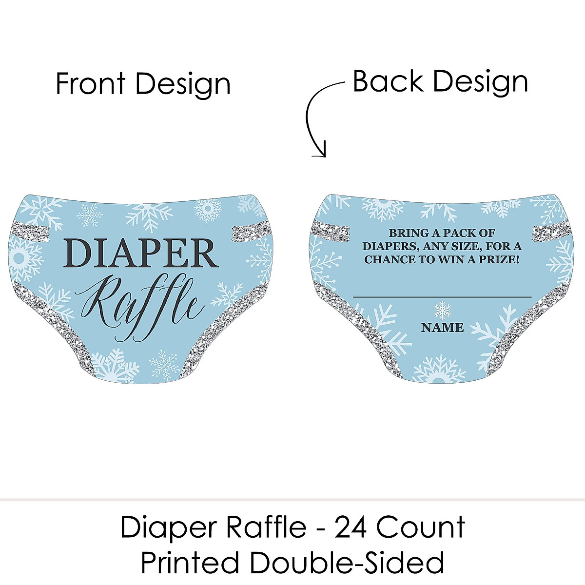 Big Dot of Happiness Winter Wonderland - Diaper Shaped Raffle Ticket Inserts - Snowflake Holiday Baby Shower Activities - Diaper Raffle Game - Set of 24