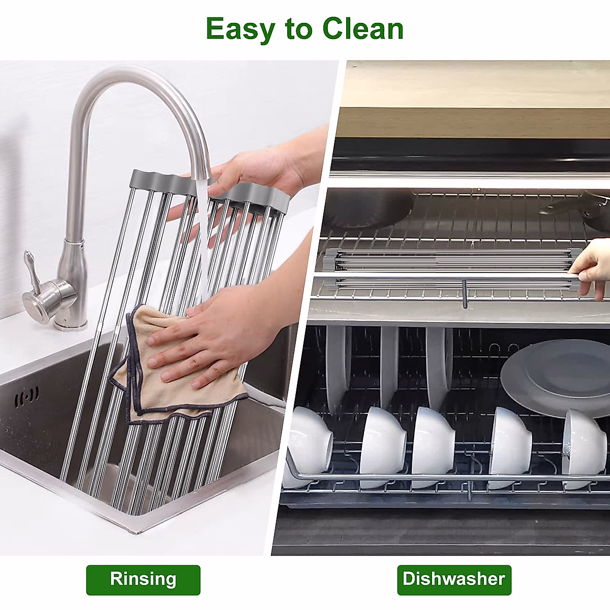 Liangmall Dish Drying Rack Expandable Up to 23.6", Roll Up Over The Sink Dish Drying Rack, Extra Large Stainless Steel Multipurpose Kitchen Sink Drainer - 23.6"(L) x 15.7"(W)
