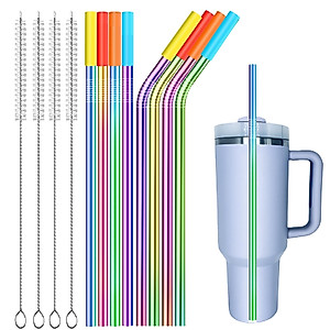Stainless Steel Straw Replacement Fits for Stanley Adventure Travel Tumbler and Simple Modern 40 oz Tumblers - 8 Reusable Metal Straws with Silicone Tips and 4 Cleaning Brushes (Rainbow)