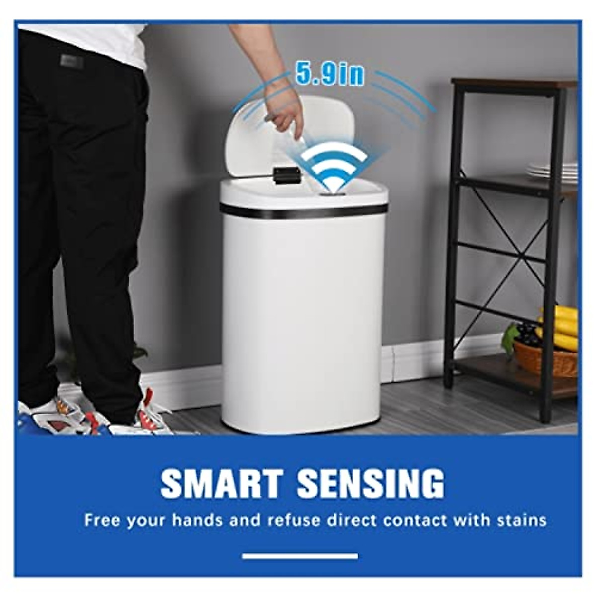 13 Gallon Kitchen Trash Can Automatic Garbage Can, Stainless Steel Waste Bin with Lid, Electronic Touch Free Motion Sensor Trash Cans High-Capacity Brushed Metal Trash Bin for Indoor, Black