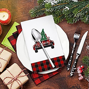 Christmas Kitchen Towels Set of 4, Black and Red Buffalo Plaid Christmas Dish Towels, Truck Ball Holiday Christmas Hand Towels for Kitchen, Bathroom, Cooking, Baking