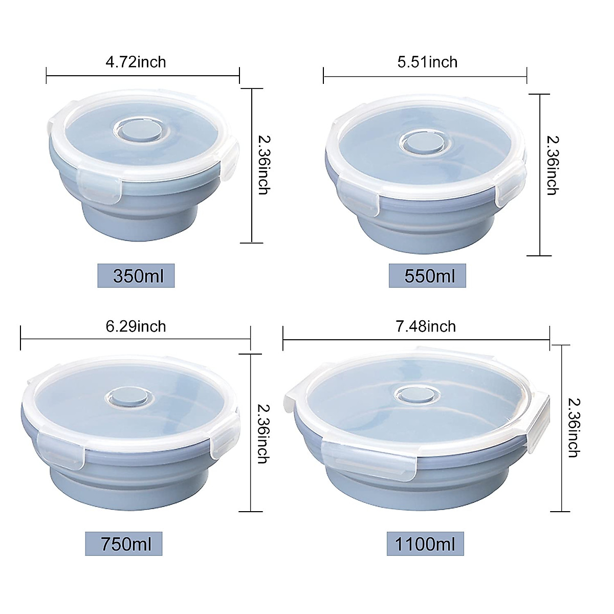 BESUNTEK Collapsible Bowls, Silicone Food Storage Containers with Lids, Set of 4 350/550/800/1200ml Silicone Lunch Containers Leftover Food Containers Leak-Proof Airtight Microwave & Dishwasher Safe