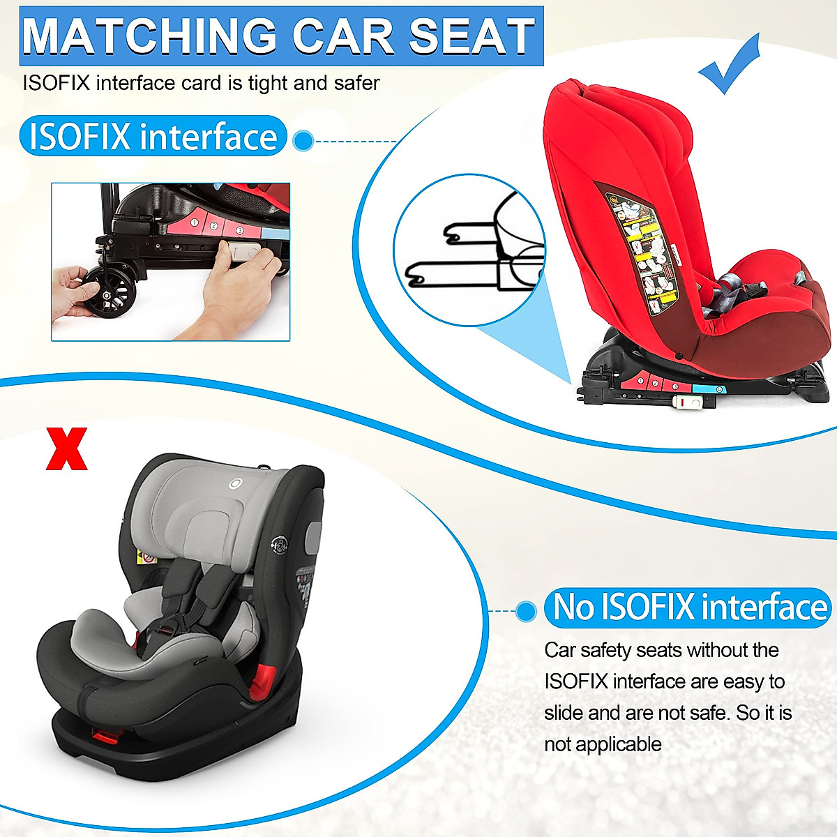 AKOZLIN Portable Travel Cart with Belt Adjustable Handle Compact Trolley Dolly Car Seat Cart(Only fit for car Seats with ISOFIX Interface)