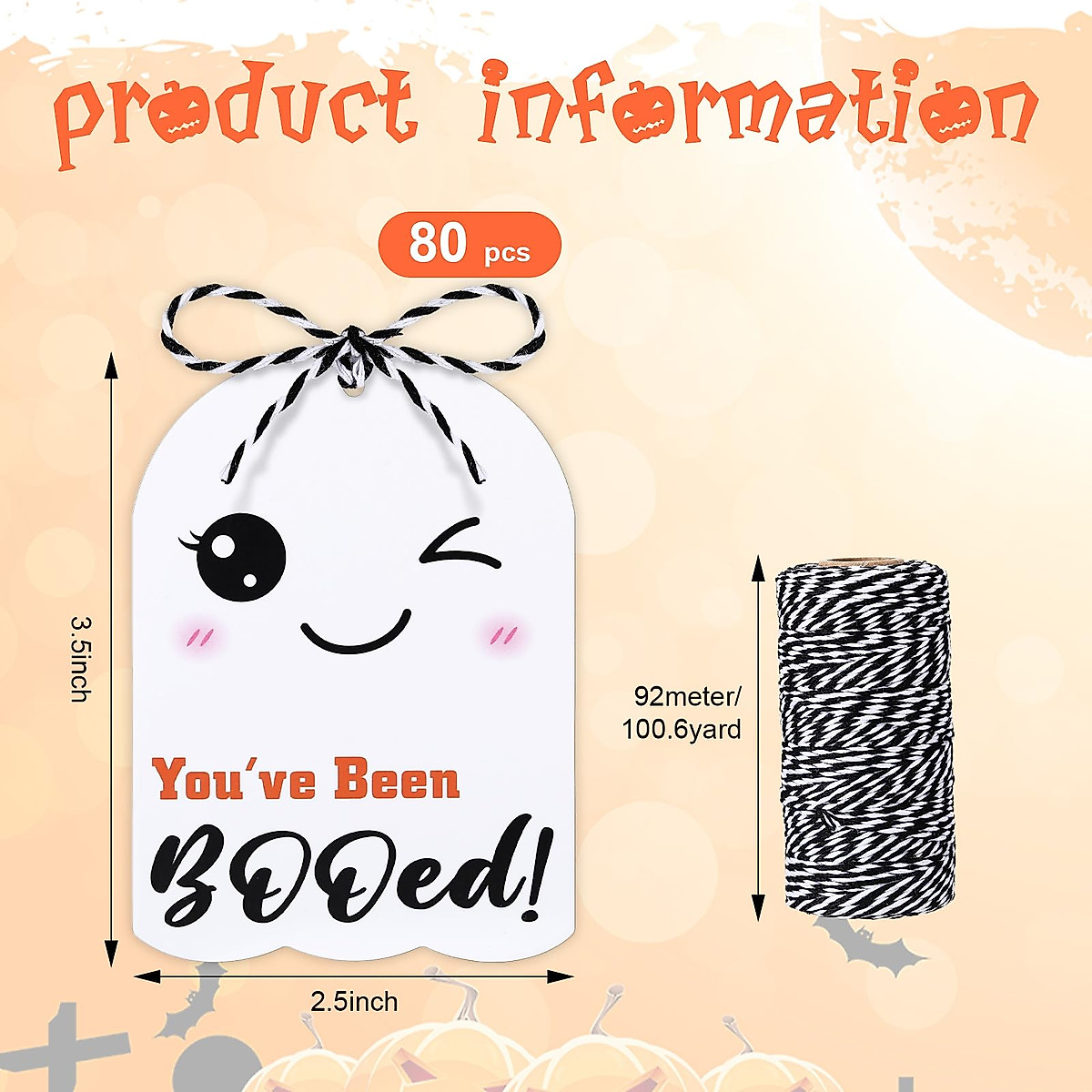 Tenceur 80 Pcs You've been Booed Halloween Tags with Rope, Ghost Boo Gift Tags for Presents Halloween Party Favor Tags Hanging Gift Label for Halloween Party Decoration, Trick or Treat Candy Boxes