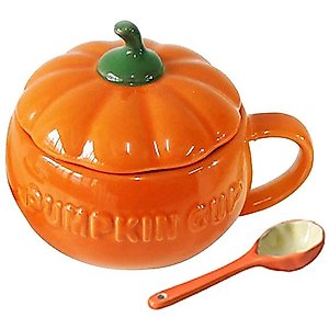 Eplze YBK Tech Cute Pumpkin Cup, Ceramic Coffee Mug, 8.5oz Tea Cup with Lid (Cup+ Spoon)