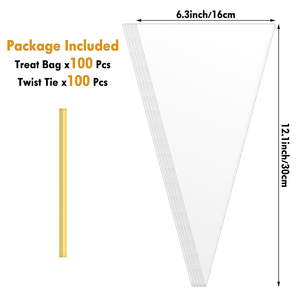 YUXIANLB 100Pcs Cone Shaped Treat Bags, 6x12 Inches Christmas Candy Transparent Celloph Bags, Cone Bags with Twist Ties, Clear Cone Snack Bags for Gift Giving, Packaging Snack, Popcorn Favor