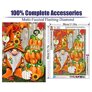 Akahllc Gnome Diamond Painting Kits for Adult, Pumpkin Diamond Art Kits for Adults 5D DIY Diamond Dots Gem Art and Crafts Thanksgiving Decoration 12x16 inches