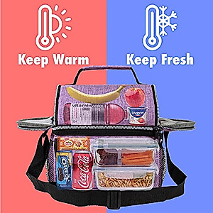 OPUX Insulated Dual Compartment Lunch Bag for Women | Double Deck Reusable Lunch Pail Cooler Bag with Shoulder Strap, Soft Leakproof Liner | Large Lunch Box Tote for Work, School (Purple), Standard